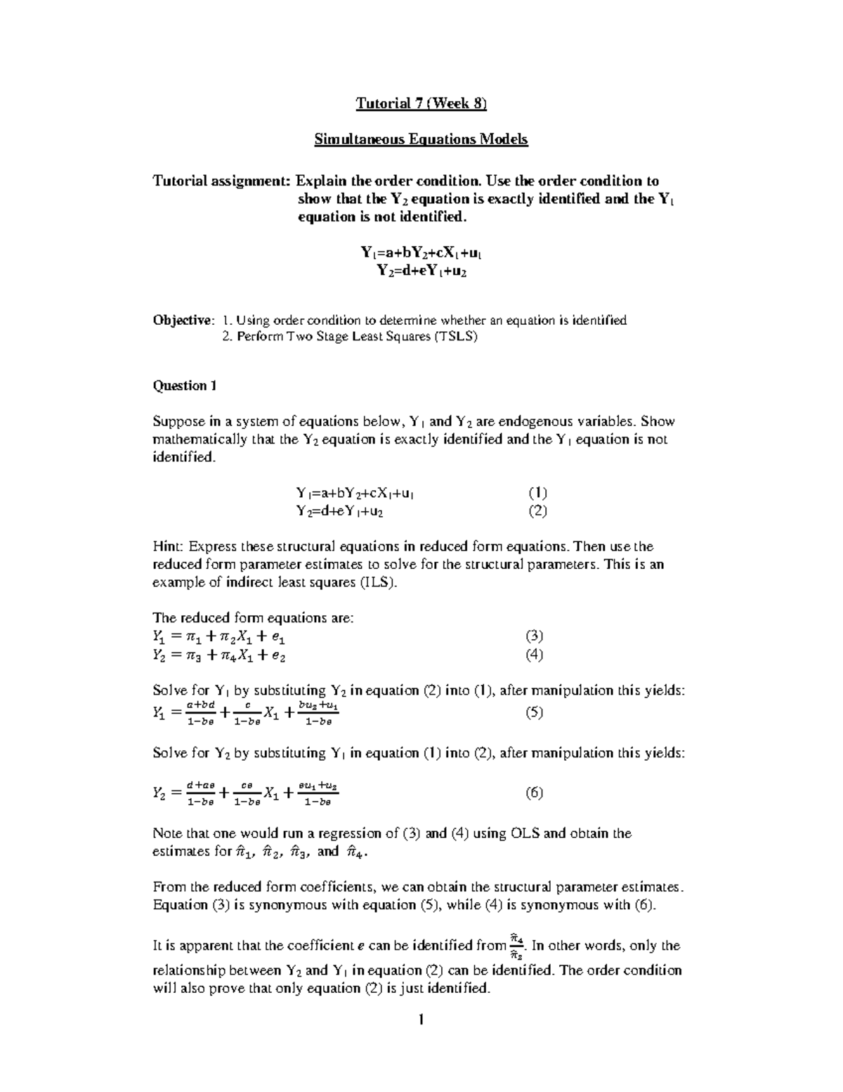 tutorial 7 solutions - Tutorial 7 (Week 8) Simultaneous Equations Models Tutorial assignment ...