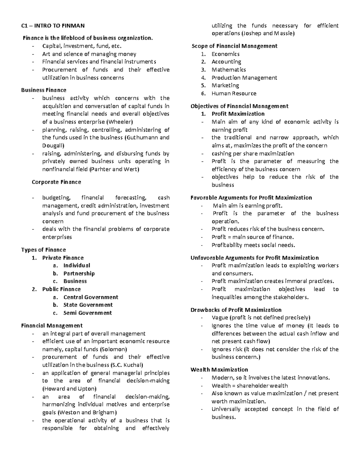 Fin Man - C1-2 - Quick notes on FInancial Management - C1 – INTRO TO ...
