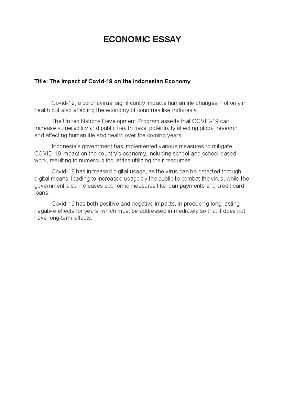 Economic Essay - esai ekonomi - ECONOMIC ESSAY Title: The Impact of ...