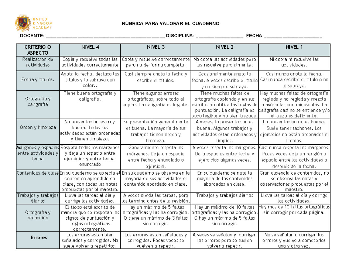 Rubrica cuadernos y libros - RÚBRICA PARA VALORAR EL CUADERNO DOCENTE ...