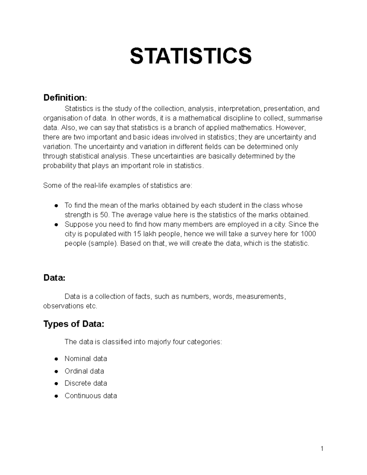 Statistix - stats notes - STATISTICS Definition: Statistics is the ...