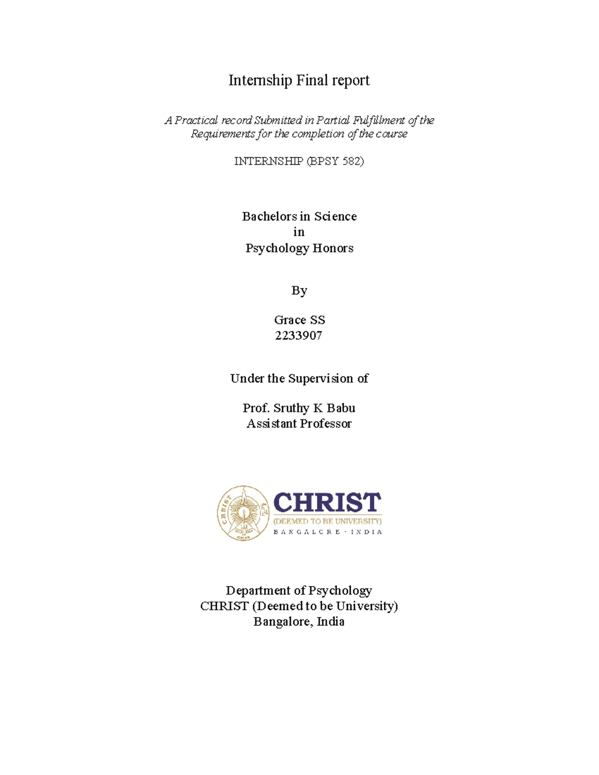 2233907 internship report - Internship Final report A Practical record ...