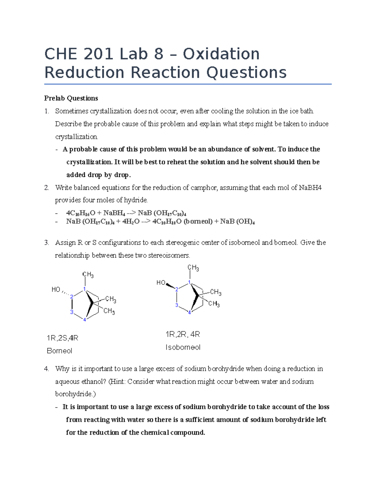 CHE 201 Pre Lab 8 - Lab Report - CHE 201 Lab 8 – Oxidation Reduction ...