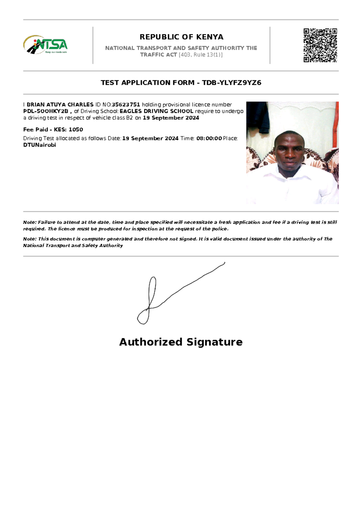 TDB- Ylyfz 9YZ6-Driving Test Application - REPUBLIC OF KENYA NATIONAL ...
