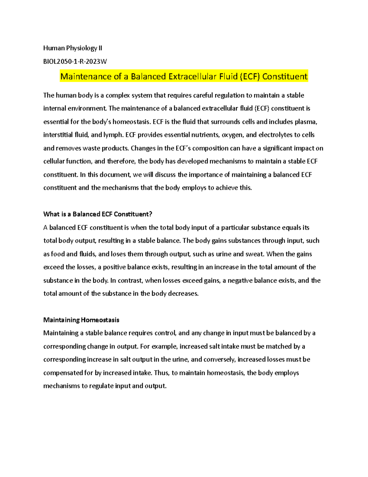 Human Physiology II Maintenance of a Balanced Extracellular Fluid (ECF ...