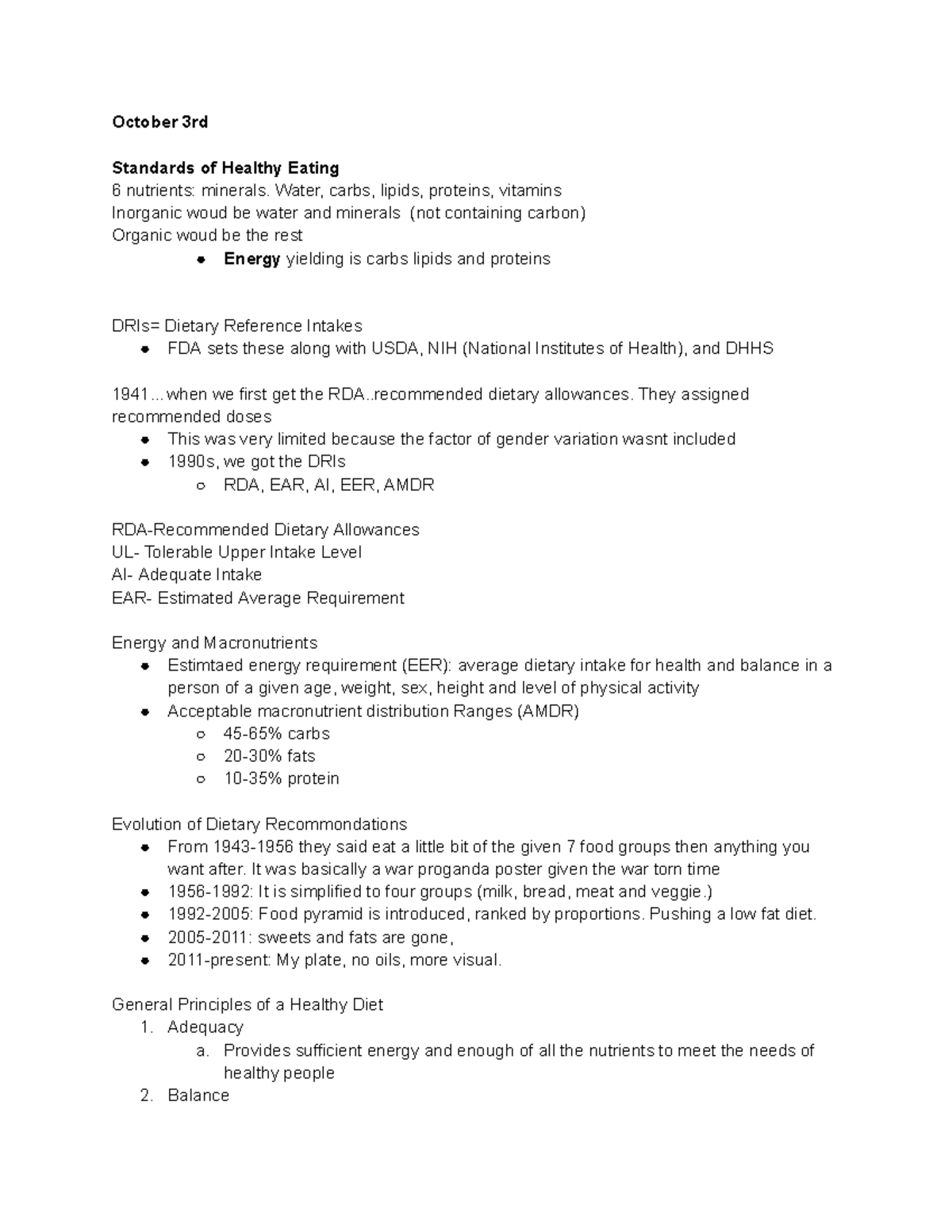 Oct 3rd nutrition - These lecture notes cover the overall key ideas of ...