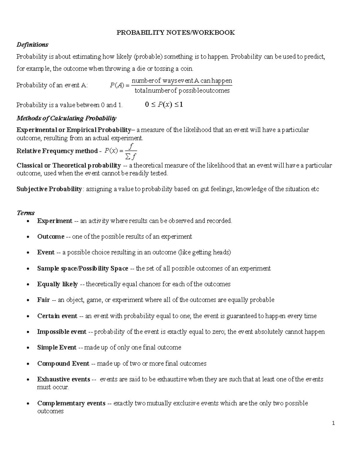 Probability Workbook - This document includes terms, definitions and ...