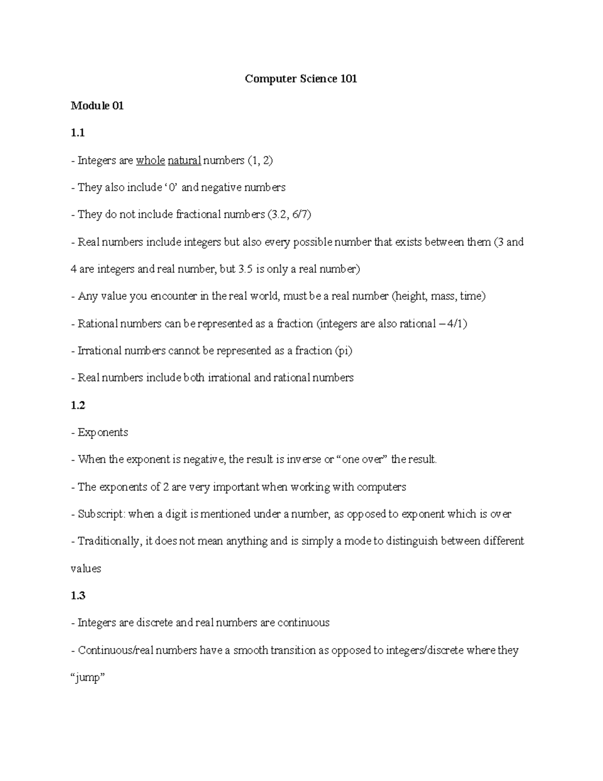 Comp Sci - Module 1 - Computer Science 101 Module 01 1. Integers are ...