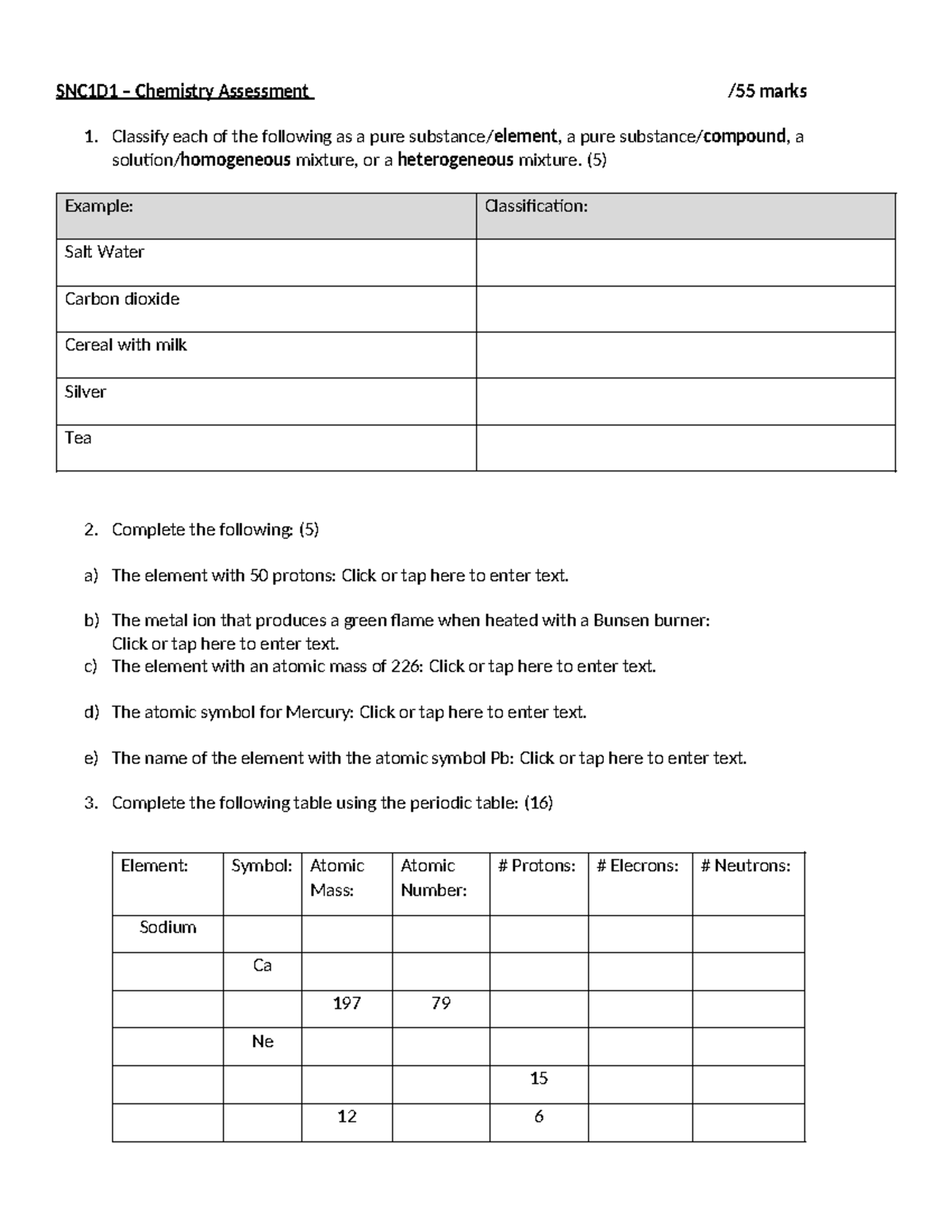 Chemistry Unit Assessment - SNC1D1 – Chemistry Assessment /55 marks 1 ...