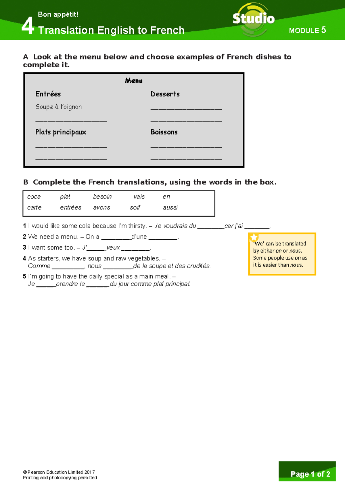 Studiof edexcel m5u4 trans ws - Bon appétit! 4 Translation English to ...