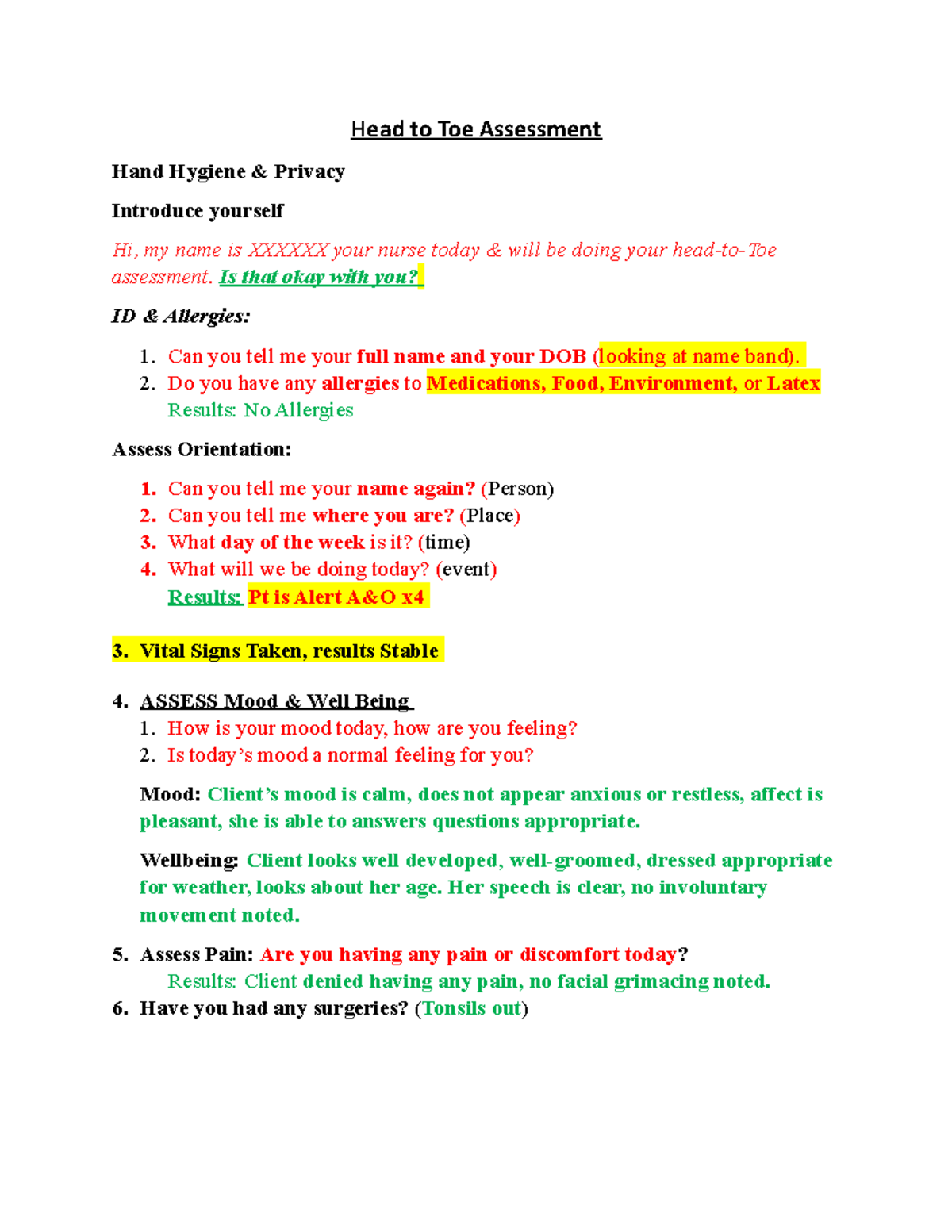Head to Toe Assessment - Head to Toe Assessment Hand Hygiene & Privacy ...