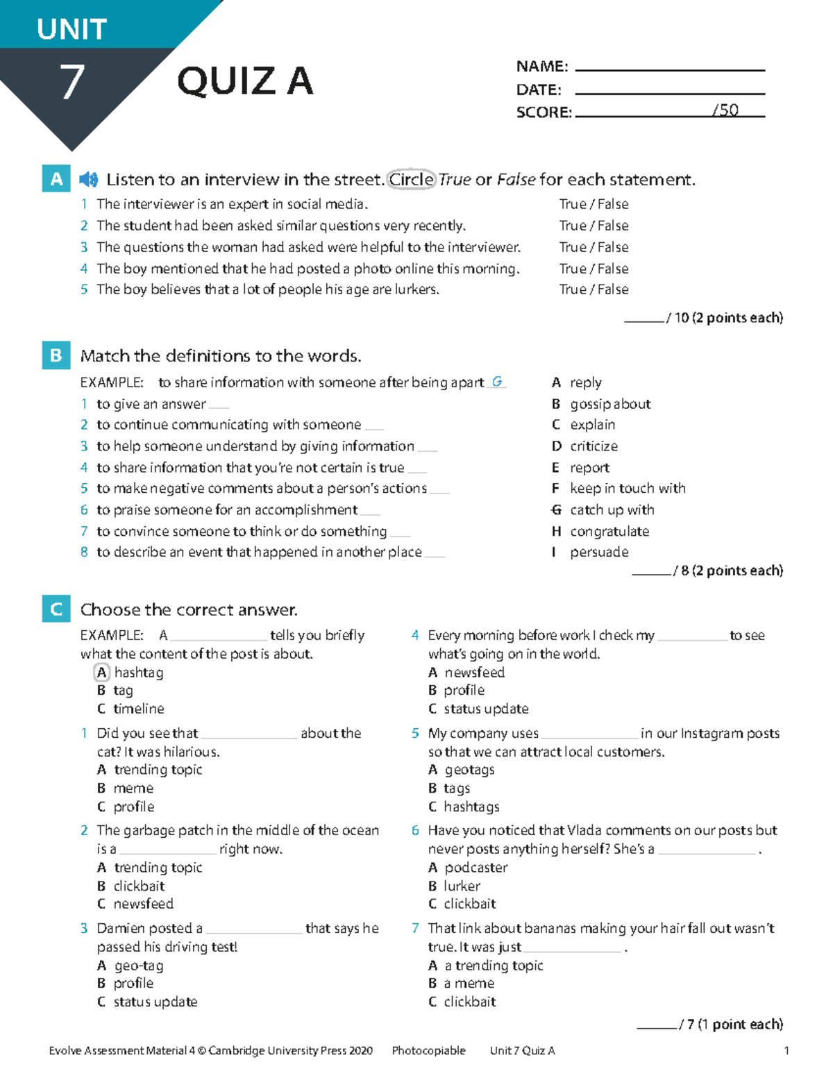 Evolve L4 Unit 7 Quiz A - Evolve Assessment Material 4 © Cambridge ...