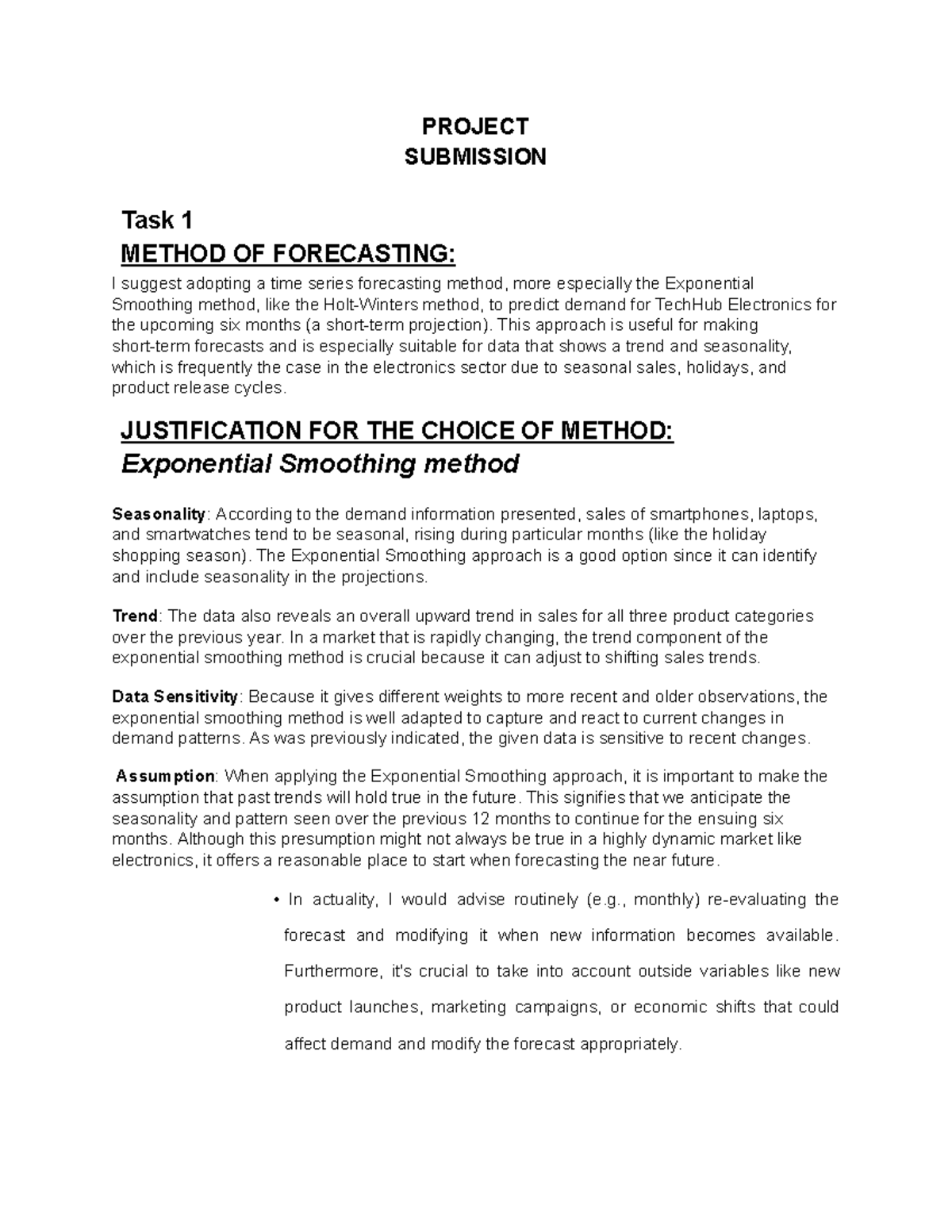 Opscm Project Vimalakar Polamarasetty - PROJECT SUBMISSION Task 1 METHOD OF FORECASTING: I ...