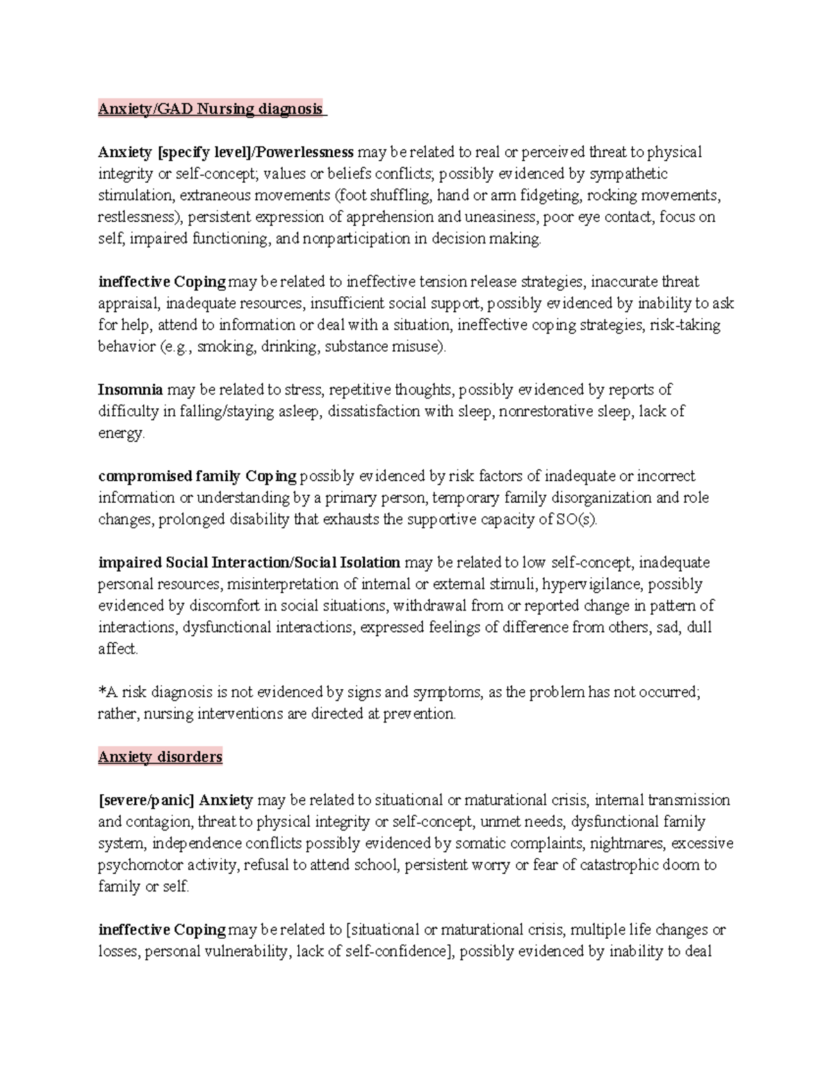 Nursing diagnosis week 1 - Anxiety/GAD Nursing diagnosis Anxiety ...