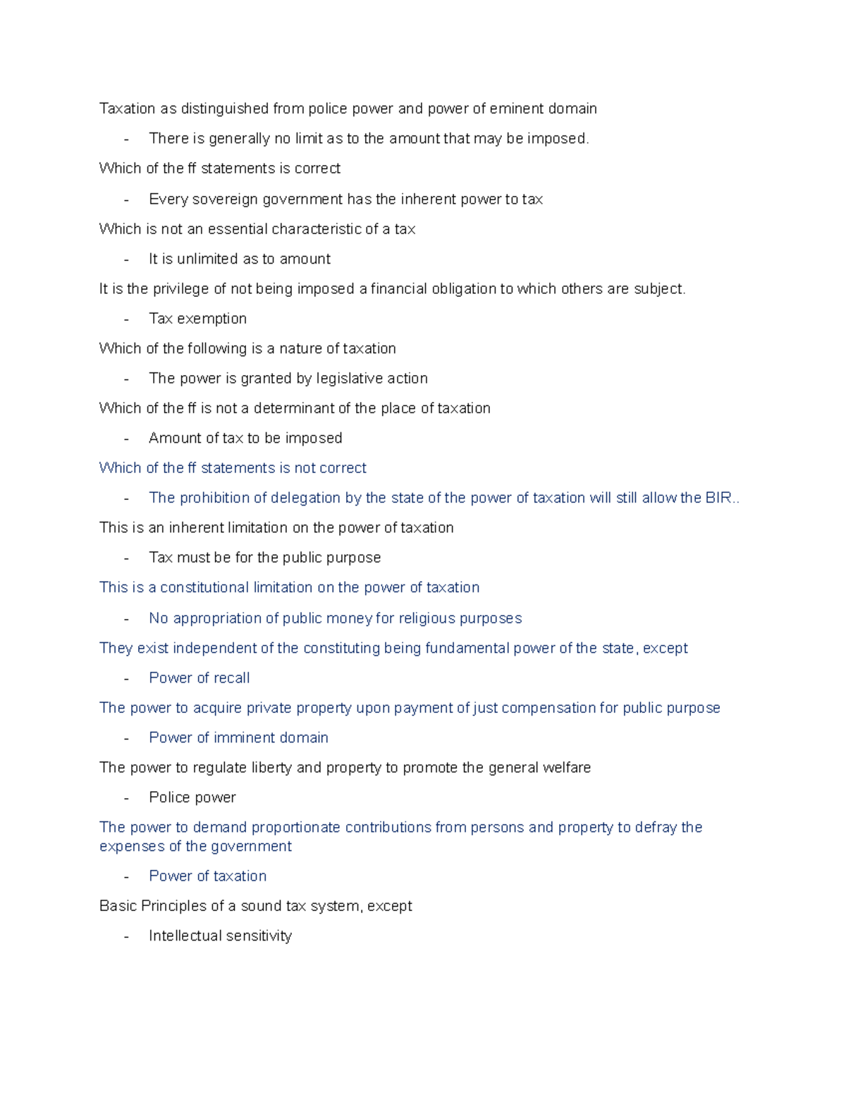 Chap 1tax inc - Lecture notes 1 - Taxation as distinguished from police ...