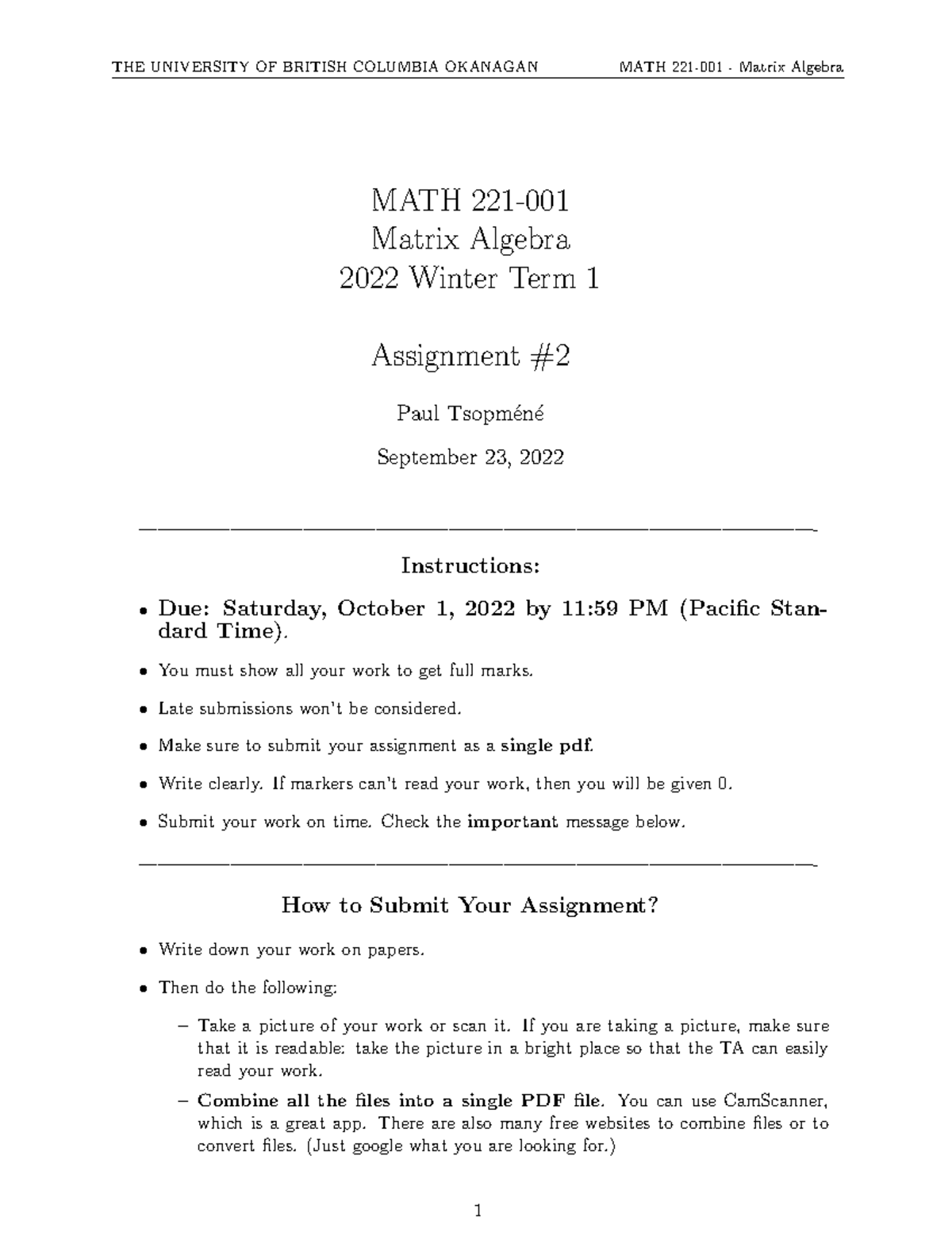 MATH221 W2022-T1 Assignment #2 - MATH 221- Matrix Algebra 2022 Winter Term 1 Assignment Paul ...