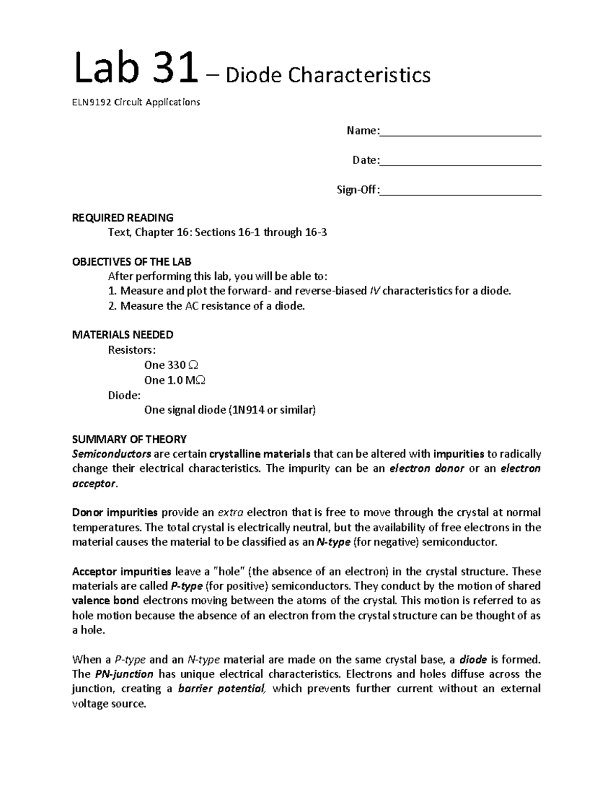 Lab 31 - Diode Characteristics - Lab 31 – Diode Characteristics ELN9192 ...