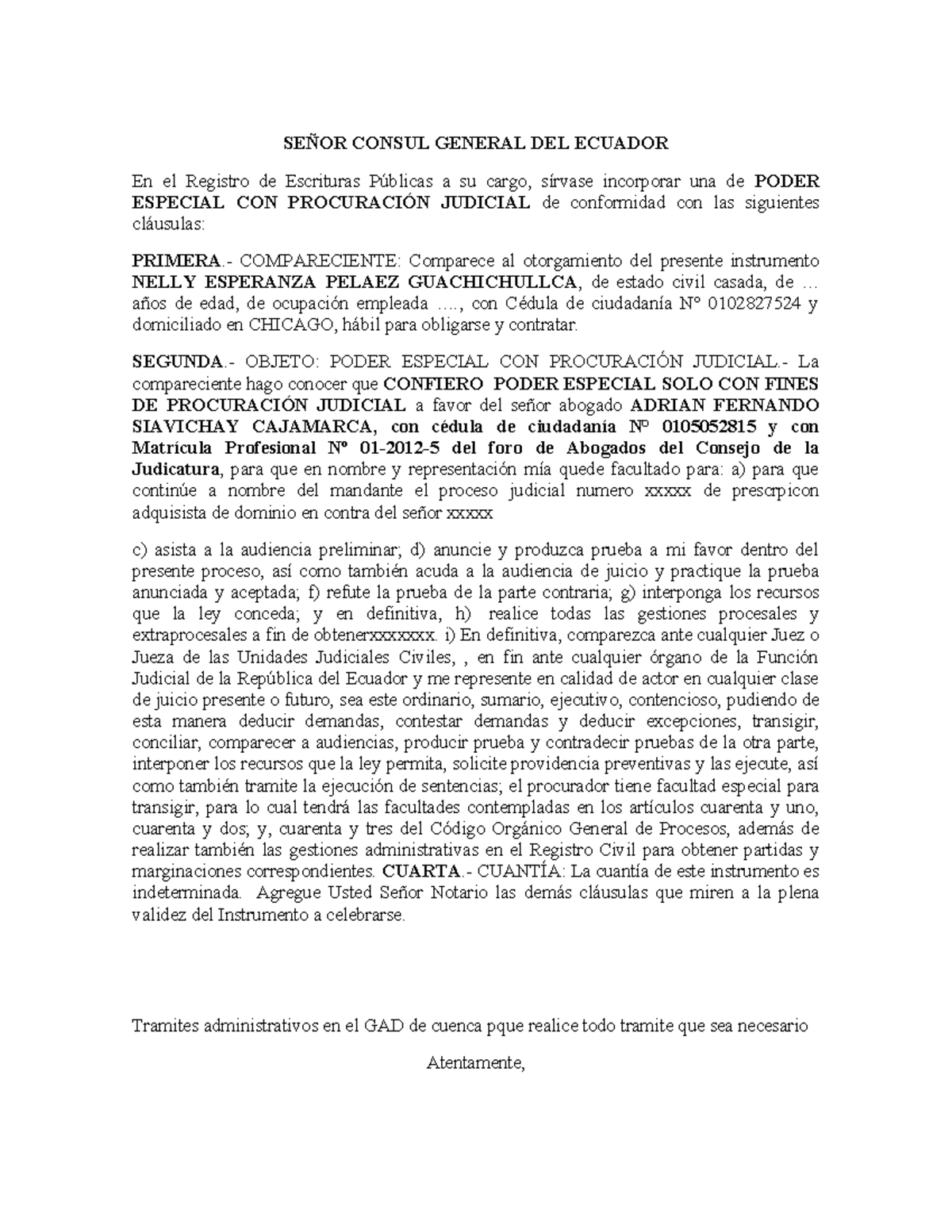 PODER ESPECIAL ECUADOR - SEÑOR CONSUL GENERAL DEL ECUADOR En el ...