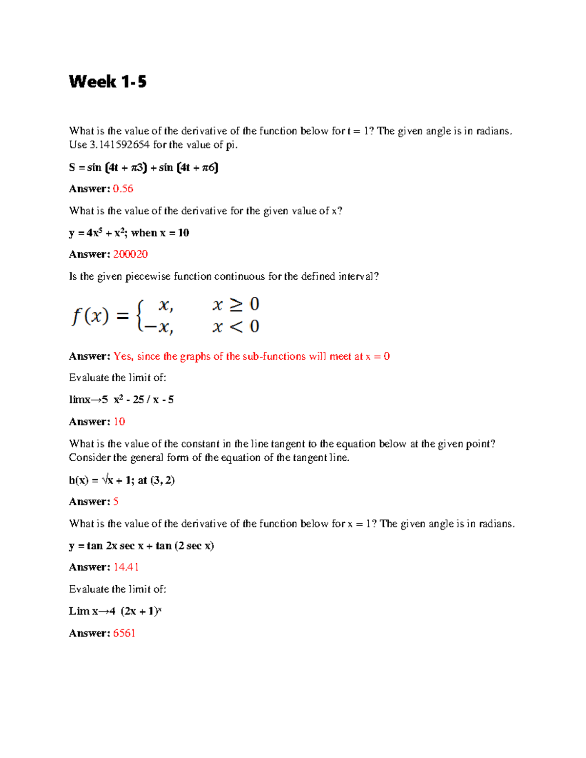 Basic-Calculus-Week-1-10 - Week 1- What is the value of the derivative ...