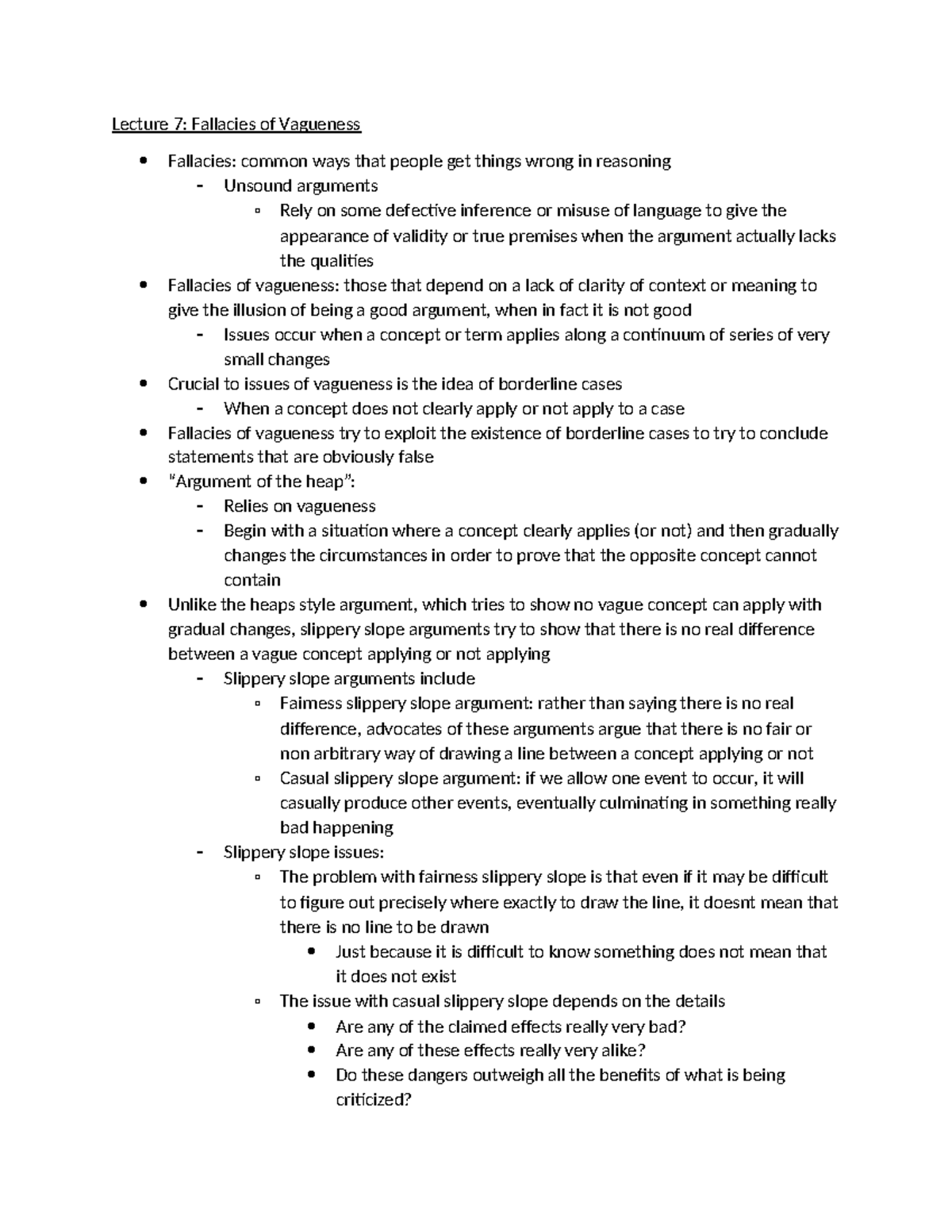 Intro to logic - Notes - Lecture 7: Fallacies of Vagueness Fallacies ...