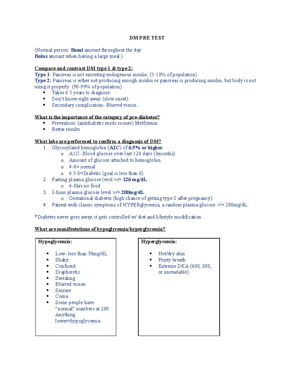 DM PRE TEST - Bolus amount when having a large meal.) Compare and ...