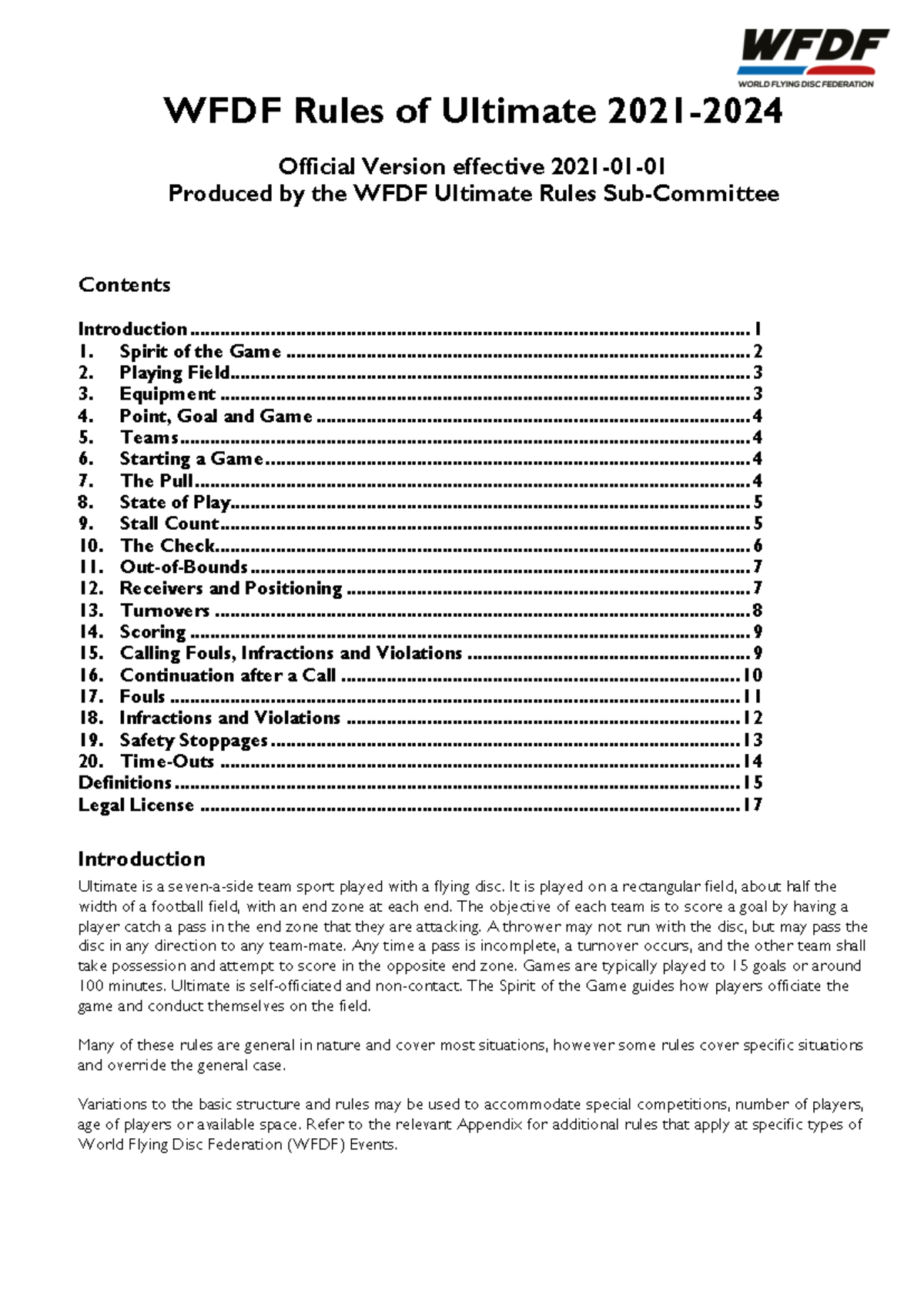 WFDF Rules of Ultimate 2021 2024 1 - WFDF Rules of Ultimate 20 21 - 2024 Official Version ...