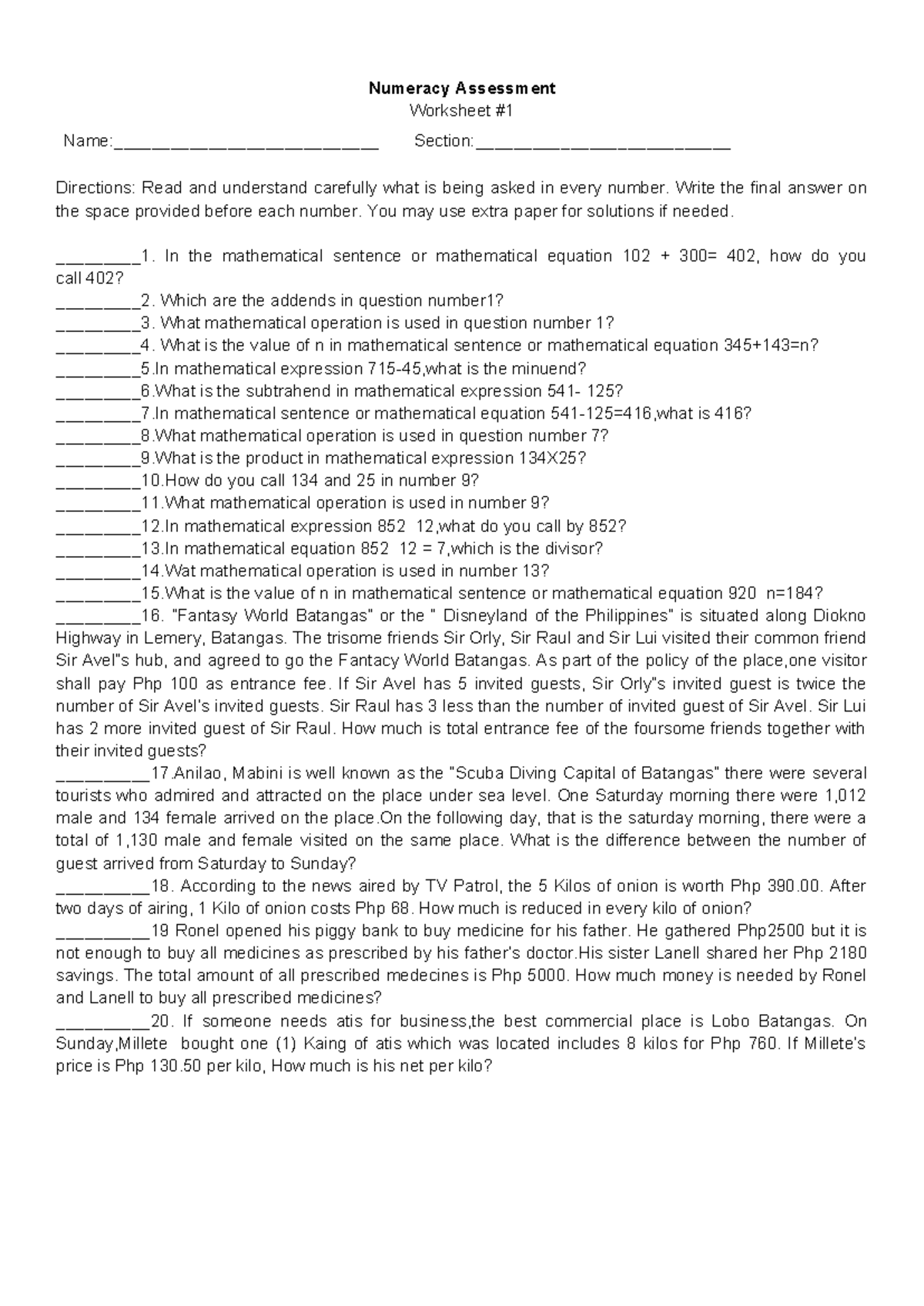 Numeracy Assessment Pre-Test for Exiting Grade - Worksheet # Name