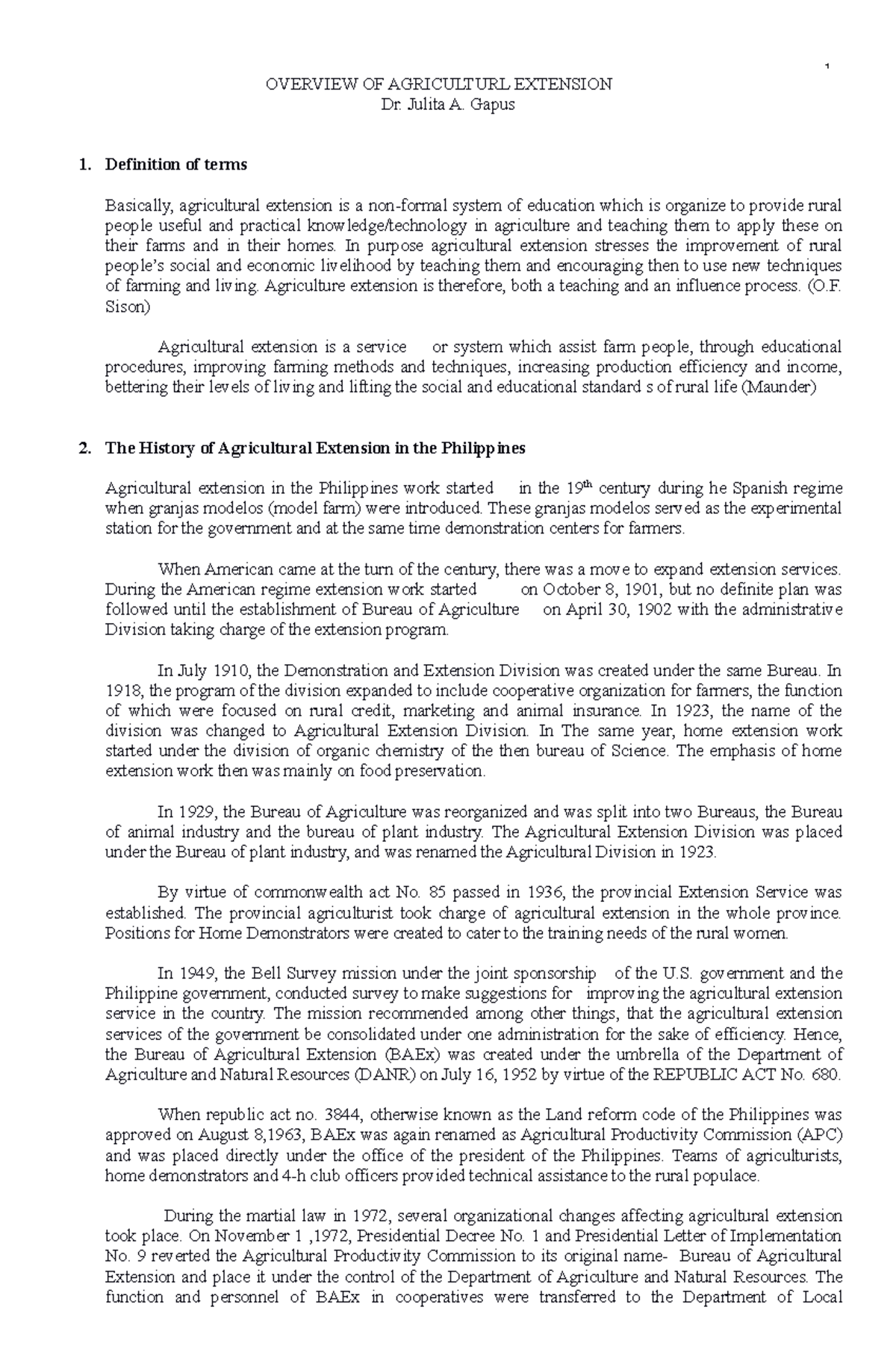 Agriculturl- Extension - OVERVIEW OF AGRICULTURL EXTENSION Dr. Julita A ...