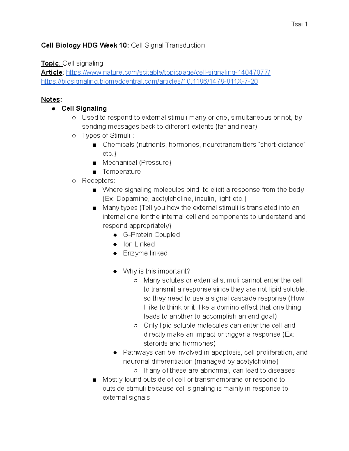 Cell Biology HDG Week 10 Cell Signal Transduction - Tsai 1 Cell Biology ...