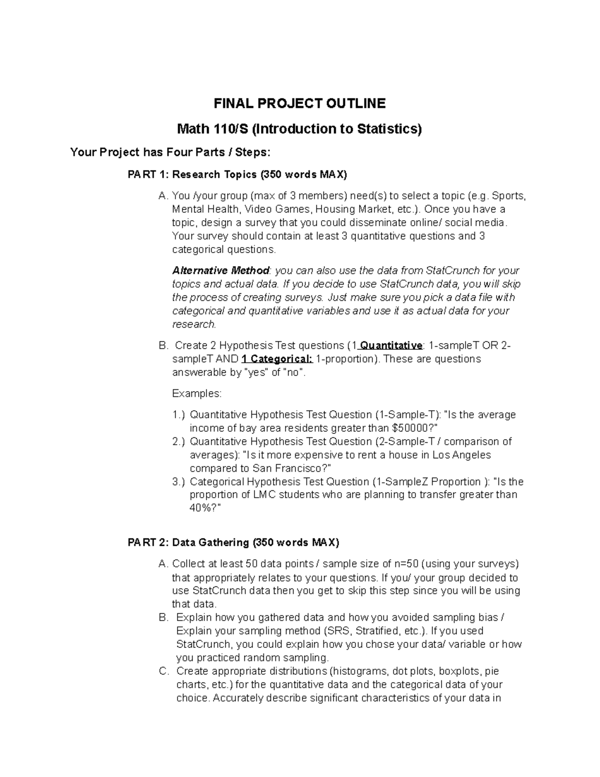 Math110 Final Project FALL 2020 - FINAL PROJECT OUTLINE Math 110/S (Introduction to Statistics ...