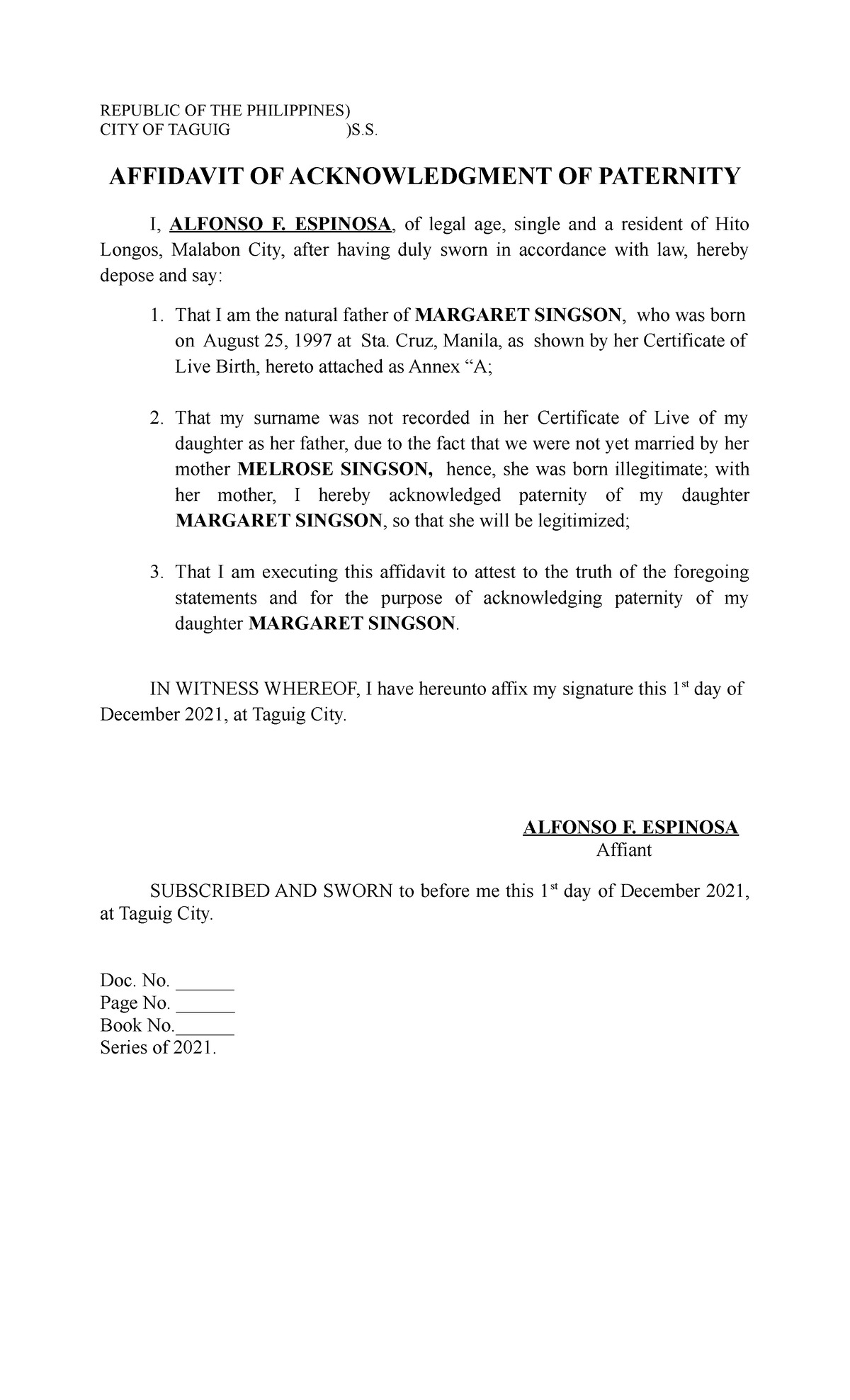 Aff of acknowlegment of paternity subsequent marriage.docx( Margaret ...