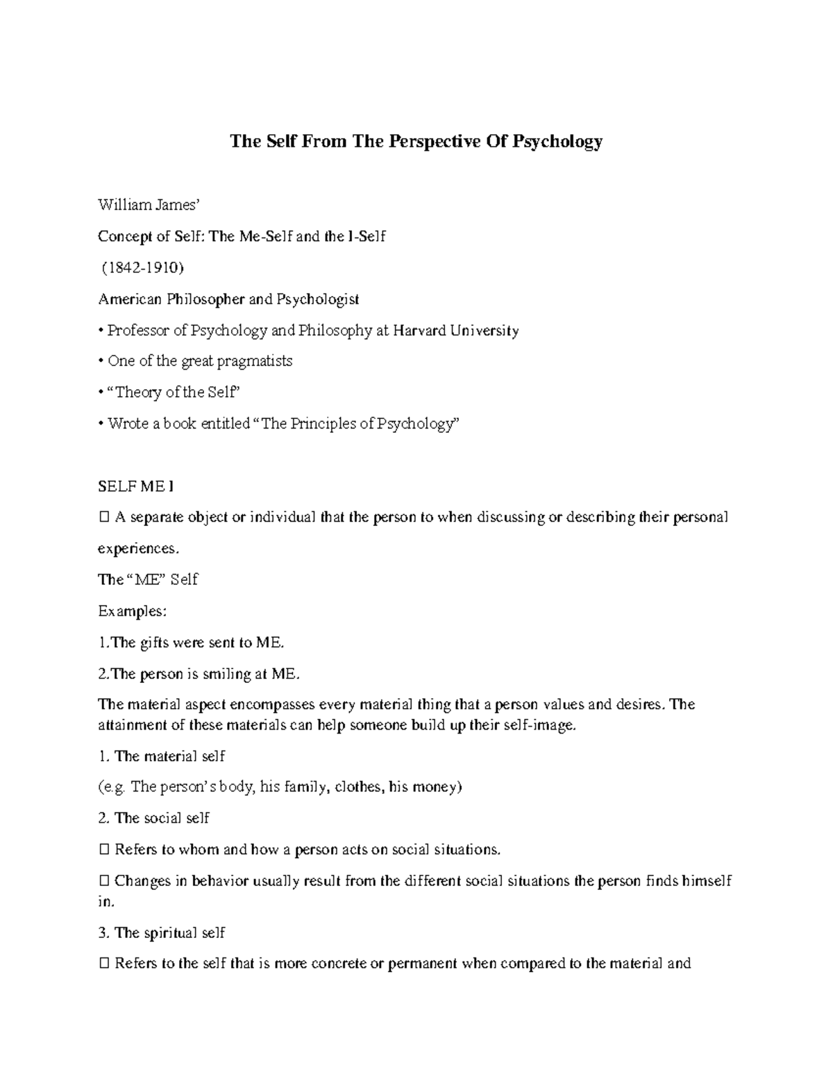 The Self From The Perspective Of Psychology - The “ME” Self Examples: 1 ...