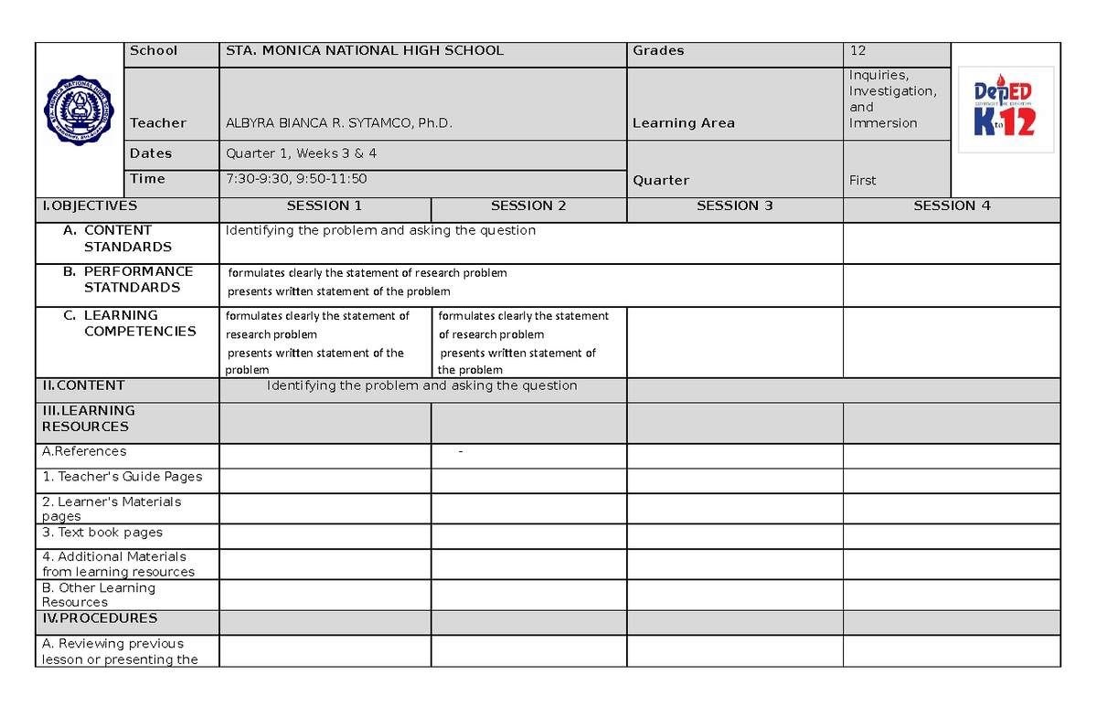 DLL- Template - School STA. MONICA NATIONAL HIGH SCHOOL Grades 12 ...