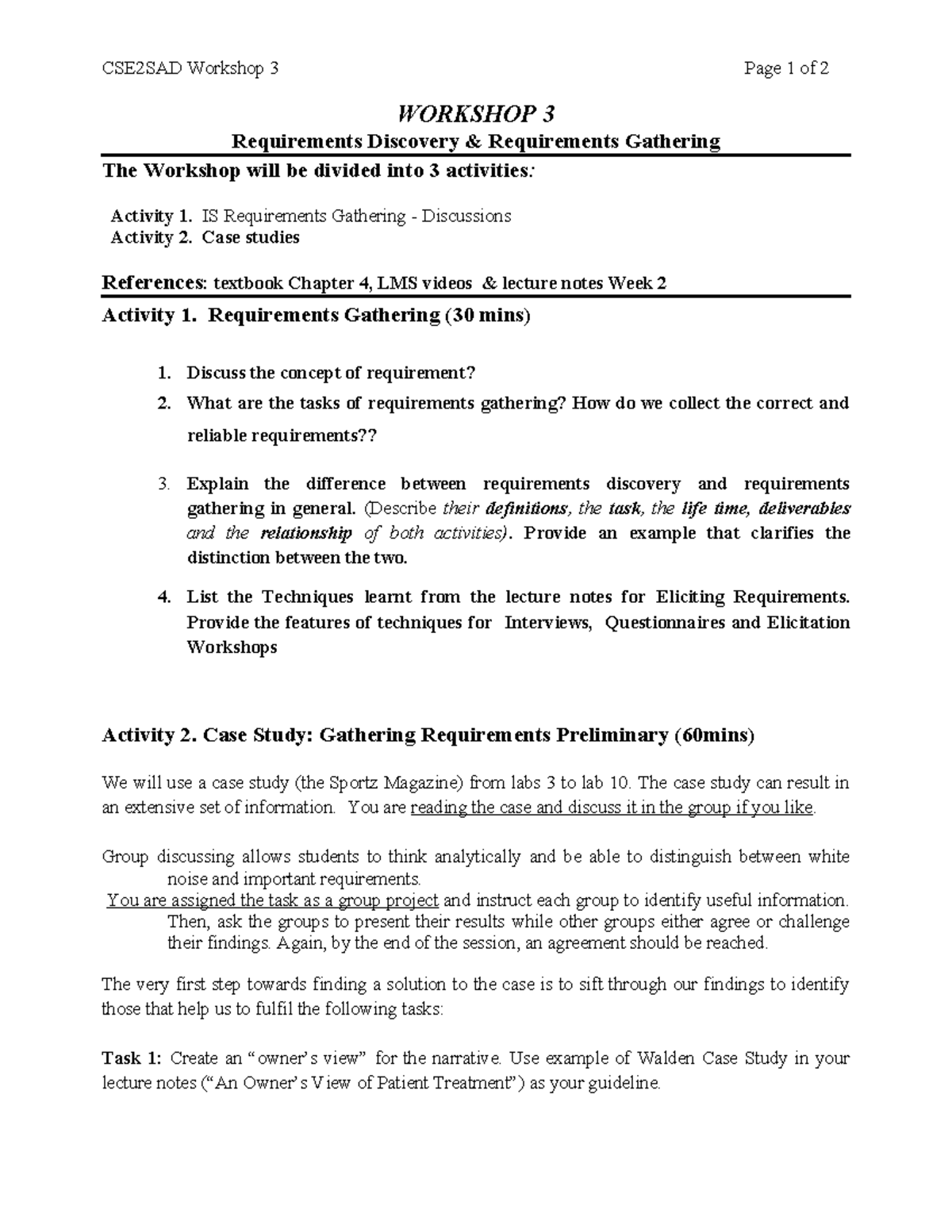 CSE2SAD Workshop 3-RG - CSE2SAD Workshop 3 Page 1 of 2 WORKSHOP 3 Requirements Discovery & - Studocu