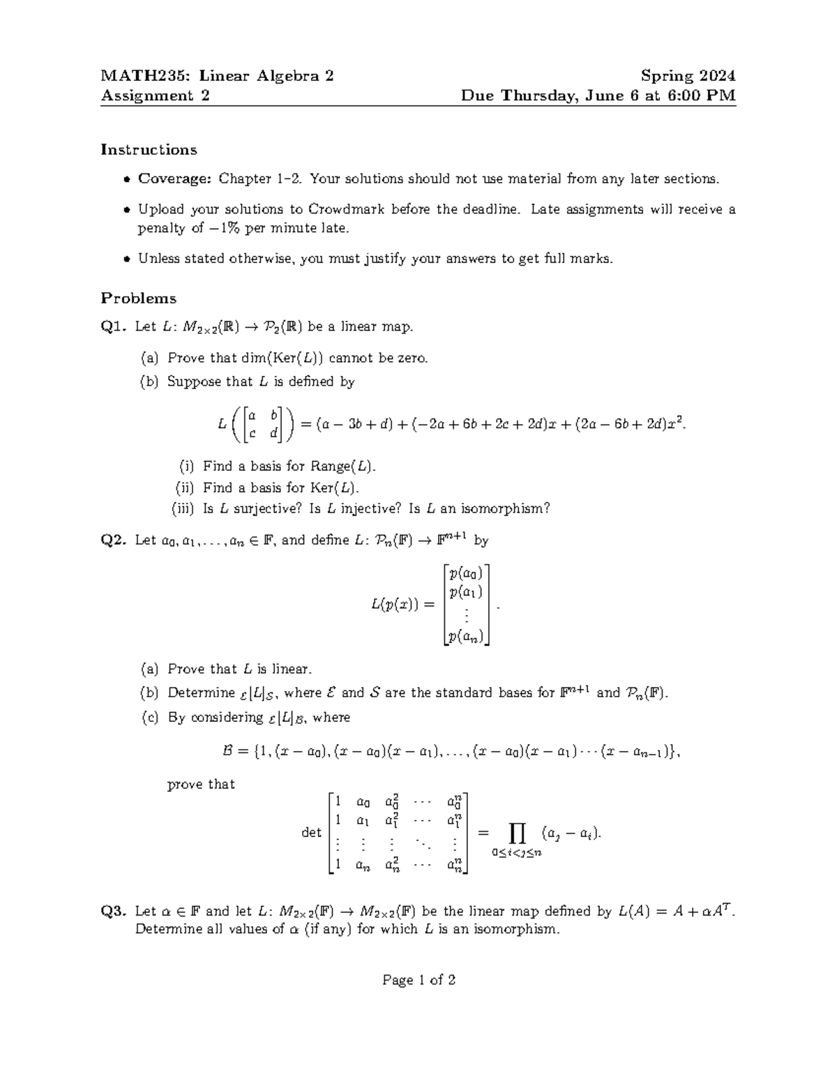 Math235-s24-A2 - Math235-s24-A2 - MATH235: Linear Algebra 2 Assignment 2 Spring 2024 Due ...