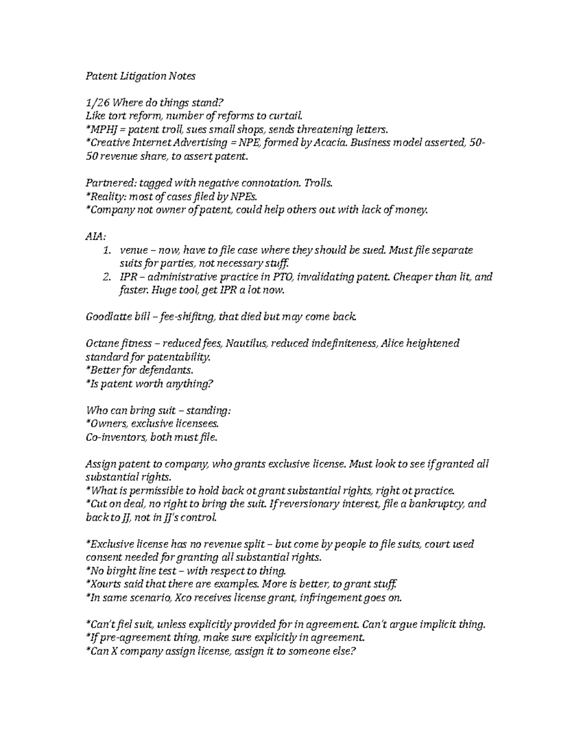 Patent Law Notes - Patent Litigation Notes 1/26 Where do things stand ...