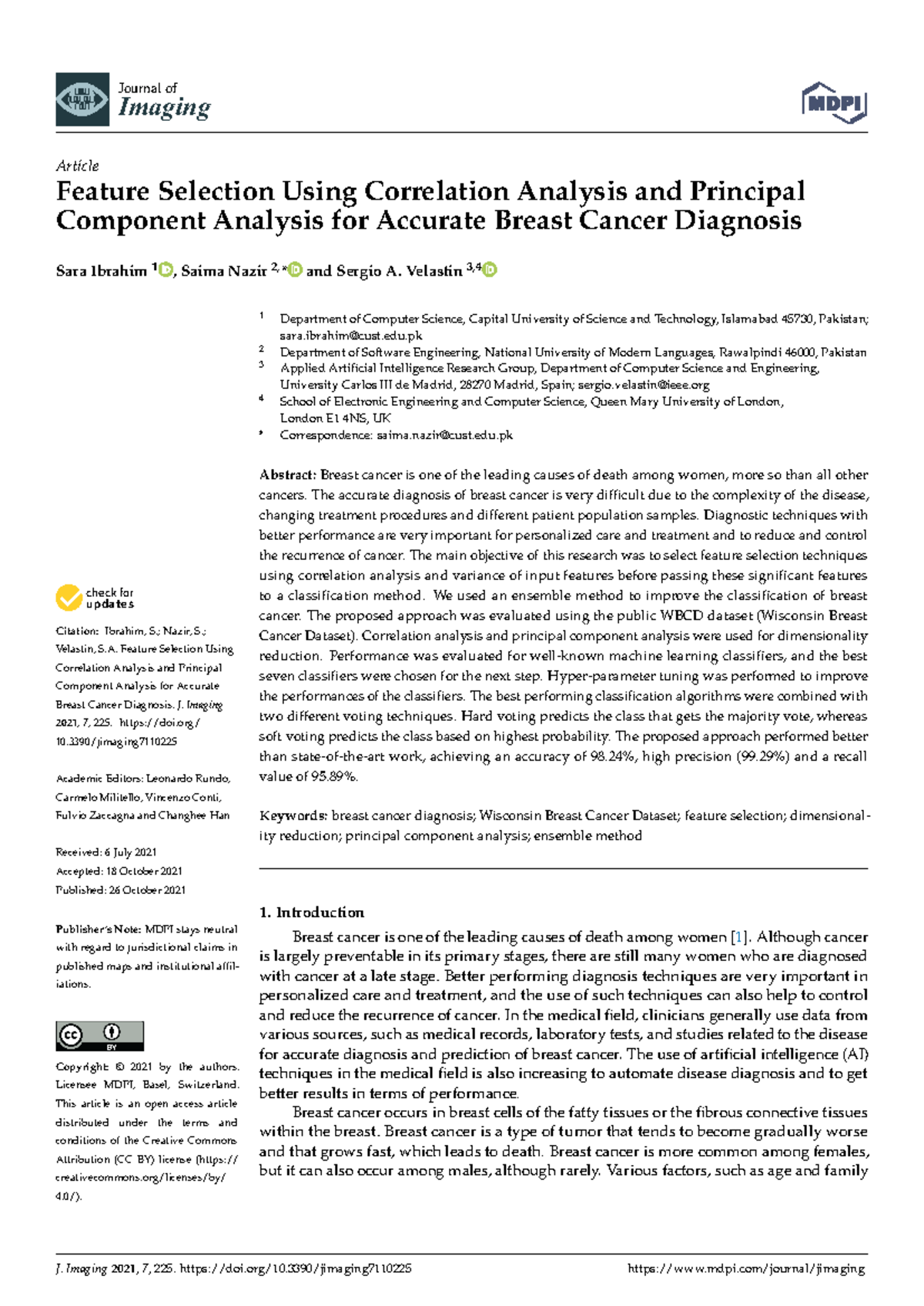 Jimaging-07-00225 - paper - Journal of Imaging Article Feature Selection Using Correlation ...