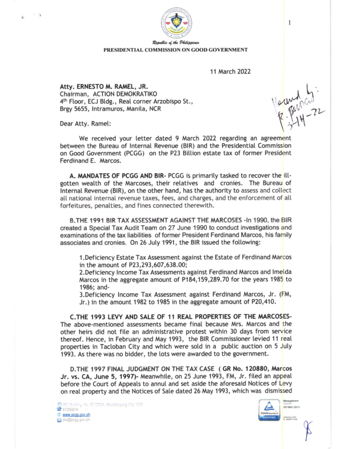 564973224 PCGG BIR Letters Re Marcos Estate Tax - 1 P*.L 4 il. %r't4 ...
