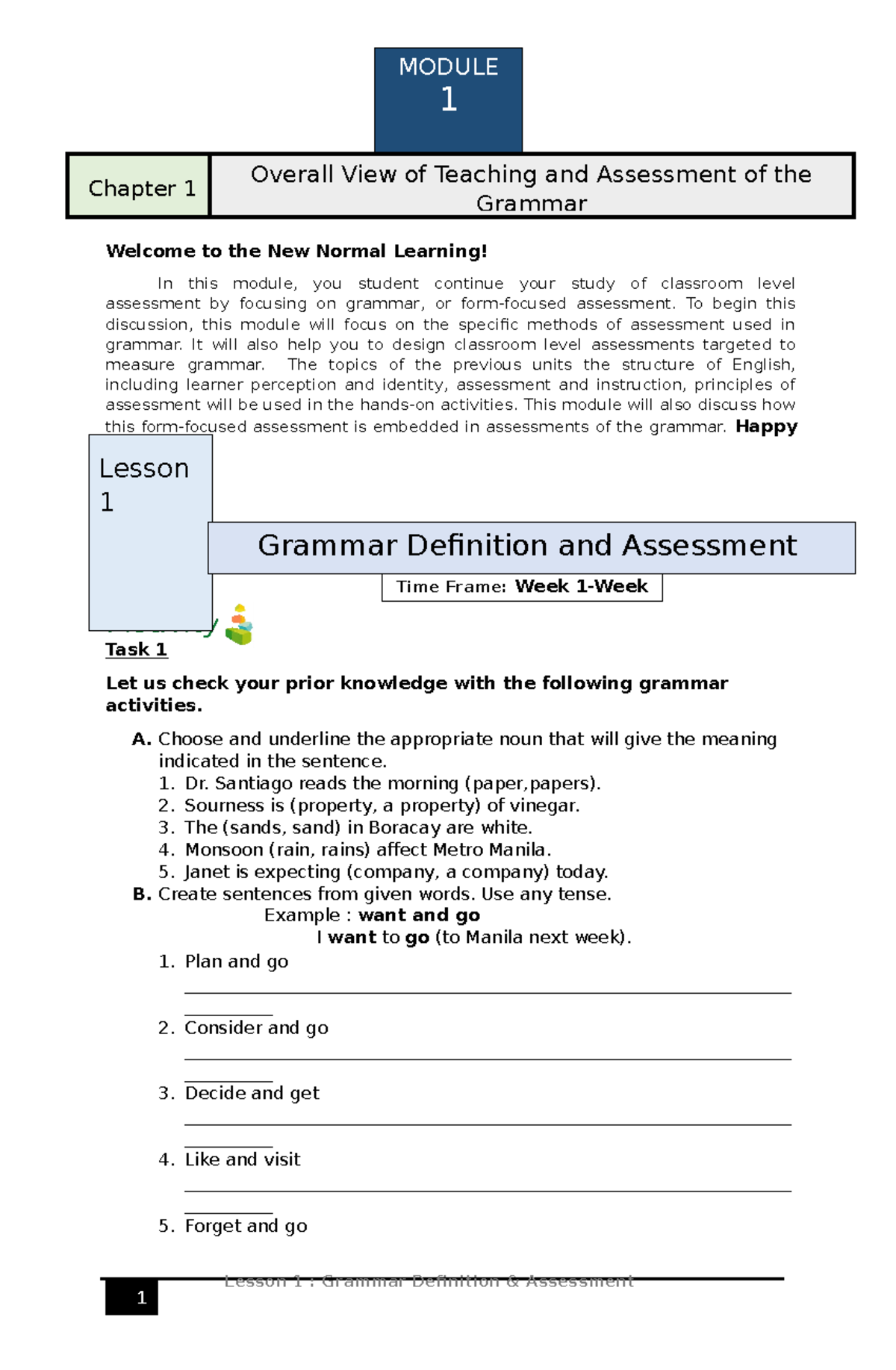 Template 4 teaching and assessment of the grammar - Lesson 1 : Grammar ...