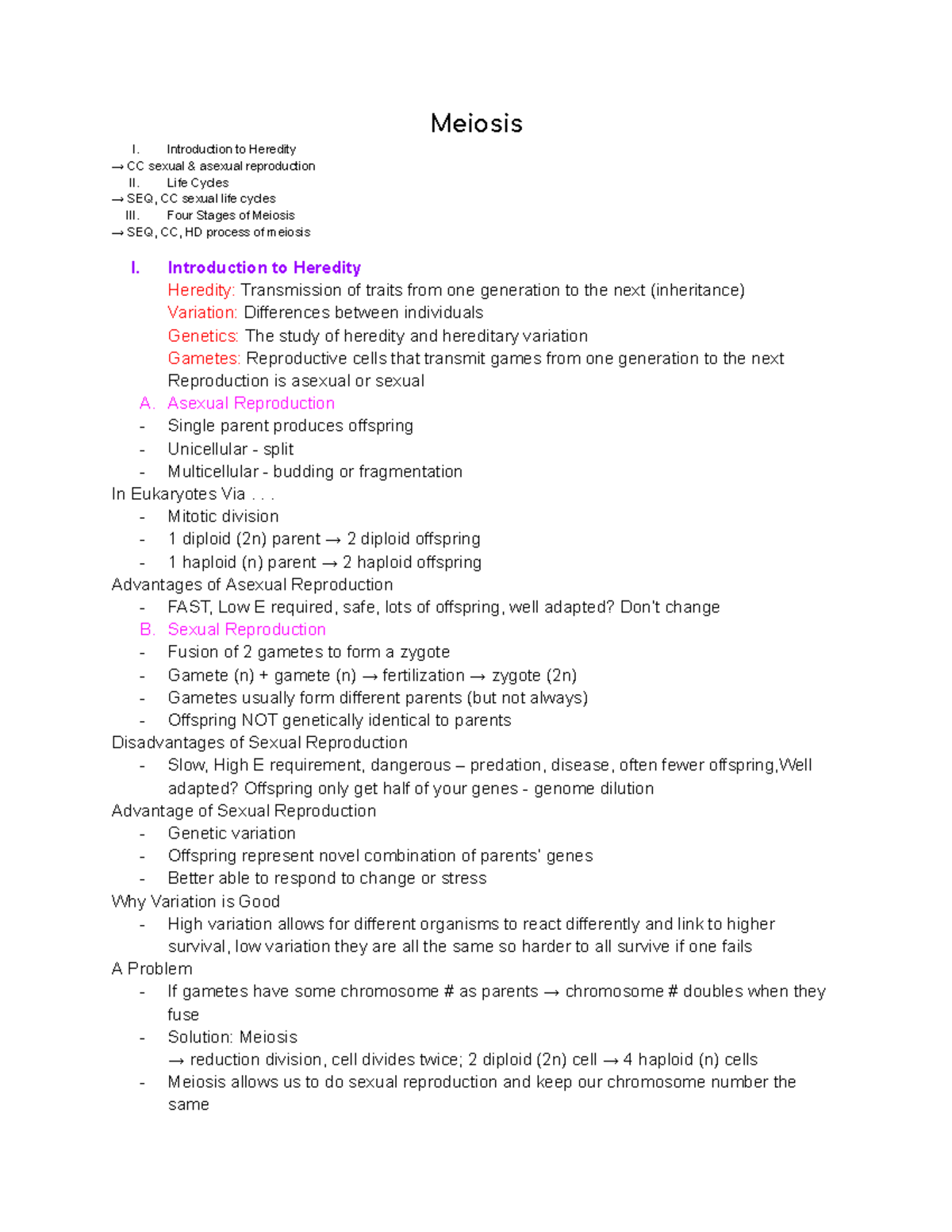 Meiosis - Meiosis I. Introduction to Heredity → CC sexual & asexual ...