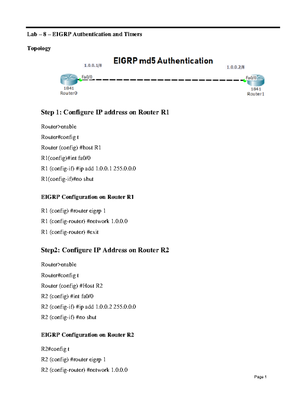 Exercise 9 Eigrp Authentication - Page 1 Lab – 8 – EIGRP Authentication ...