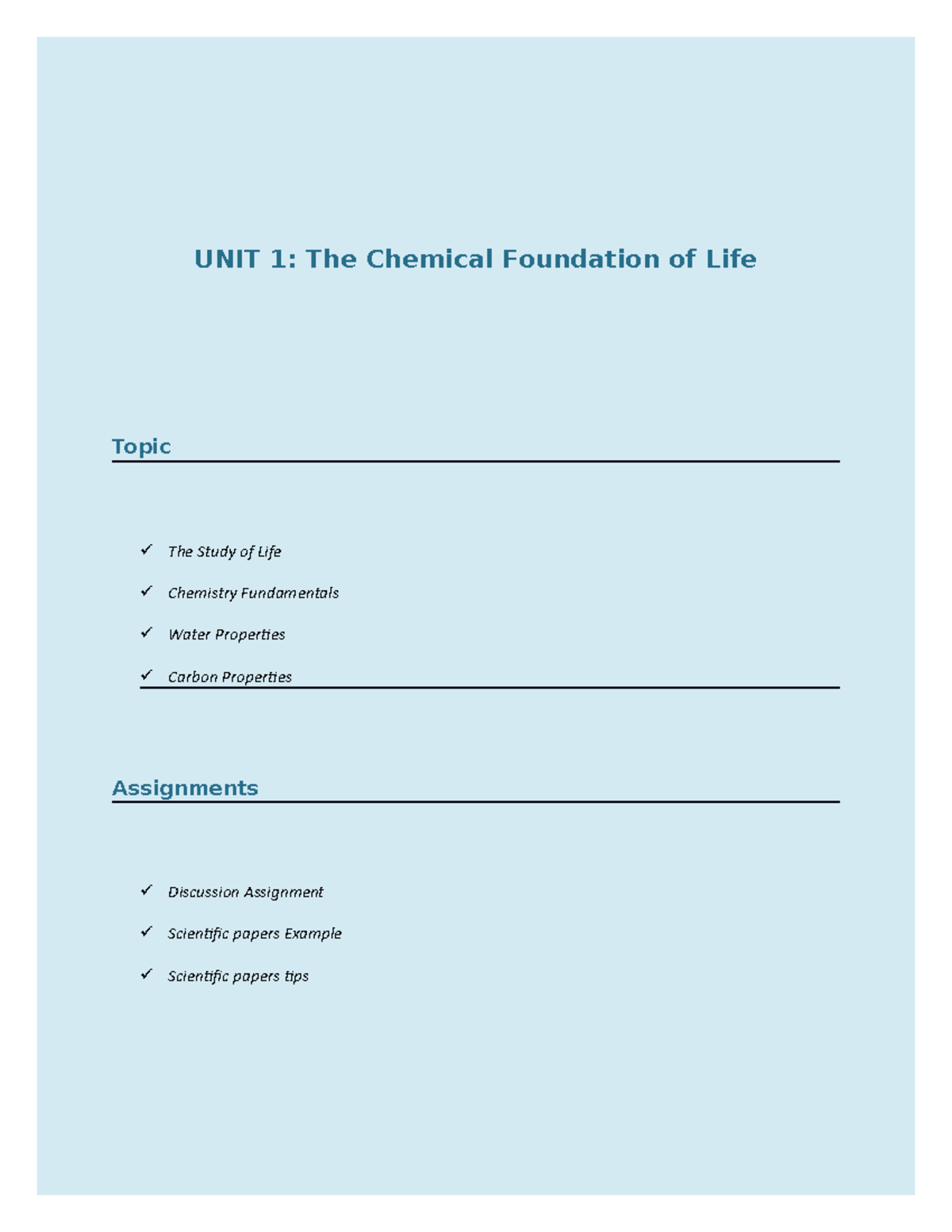 BIOL 1121 Unit 1 Assignments - UNIT 1: The Chemical Foundation of Life ...