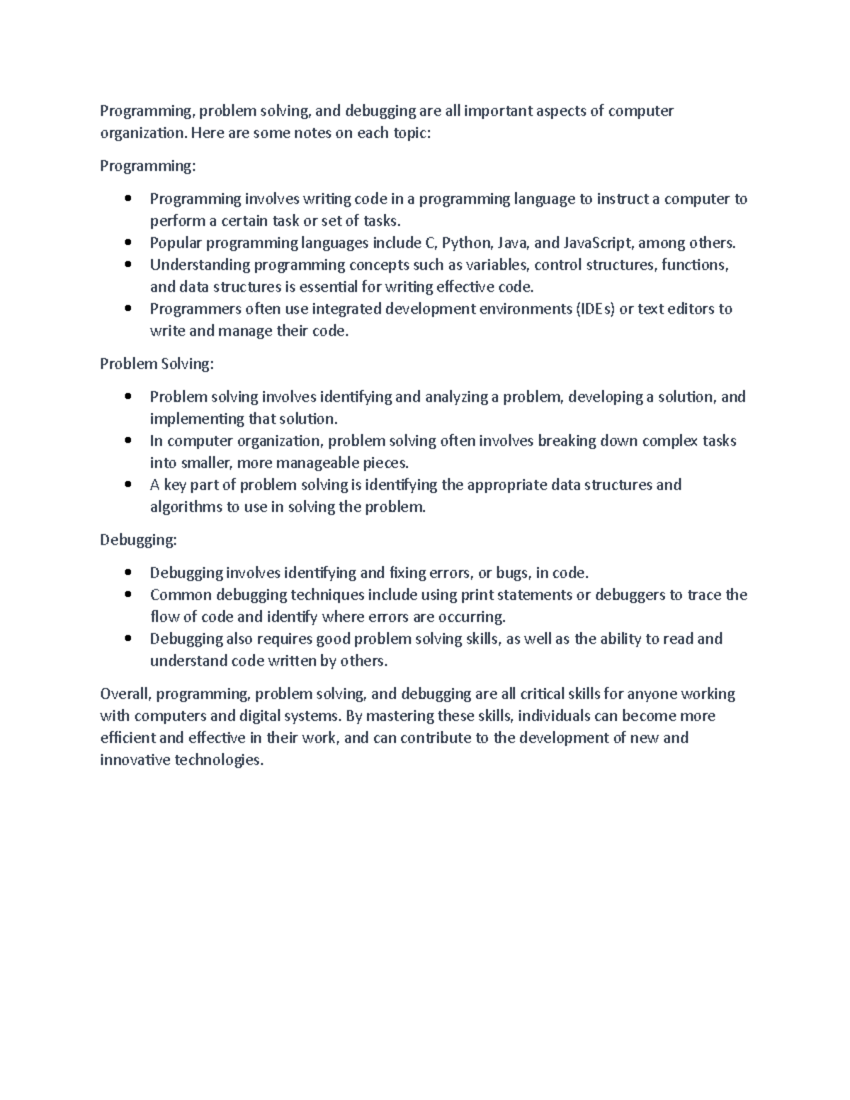 Num 15 - programming - Programming, problem solving, and debugging are all important aspects of ...