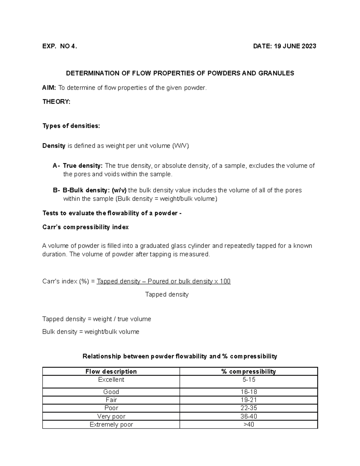 Experiment 4 - DETERMINATION OF FLOW PROPERTIES OF POWDERS AND GRANULES ...