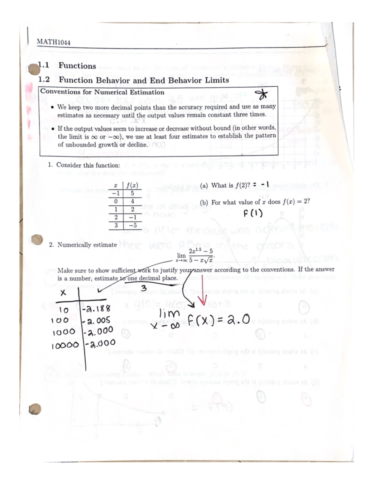 1.1 Functions and 1.2 Function behavior and end behavior limits ... 1.1 Functions and 1.2 Function behavior and end behavior limits ...