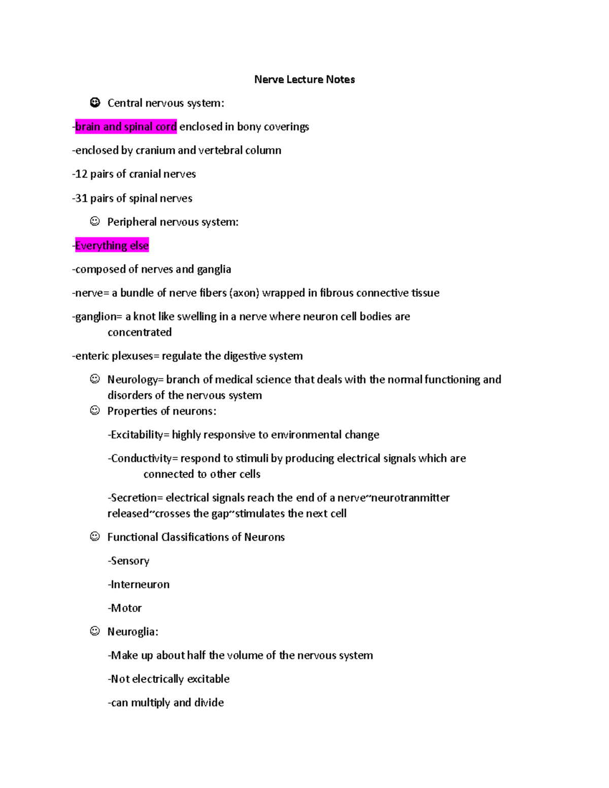 Nerve lecture notes - Nerve Lecture Notes Central nervous system: brain ...