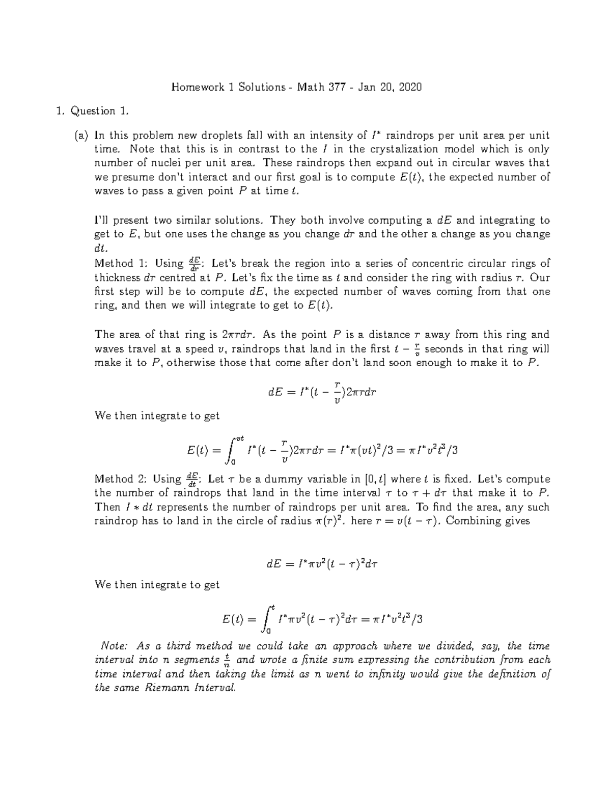Assignment 1 Solutions - Homework 1 Solutions - Math 377 - Jan 20, 2020 ...