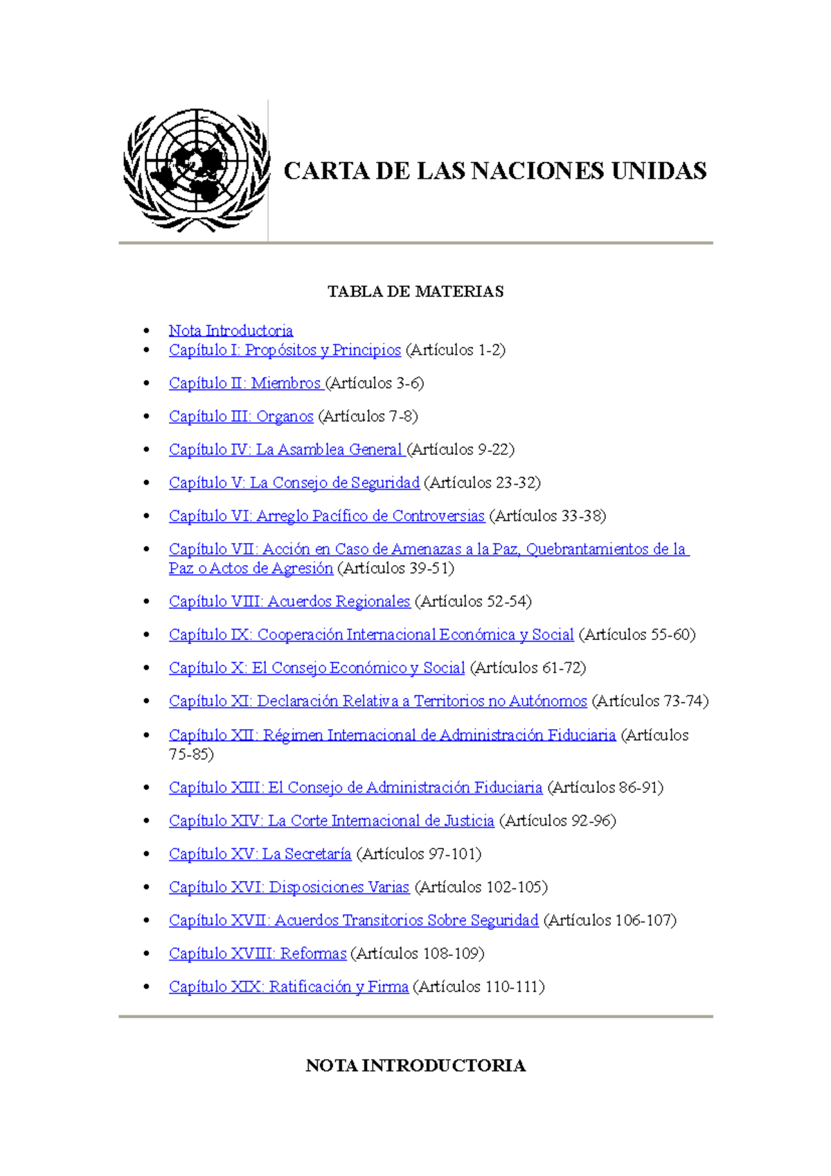 Carta de la ONU - Apuntes 10 - CARTA DE LAS NACIONES UNIDAS TABLA DE ...