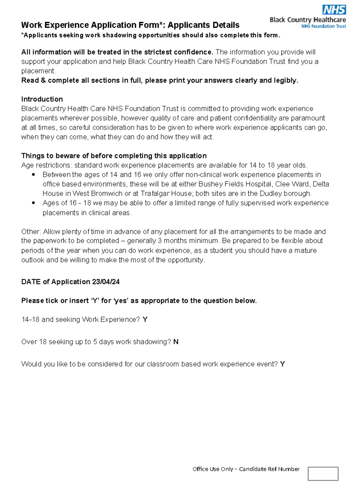 Work Experience Application Form - All information will be treated in ...