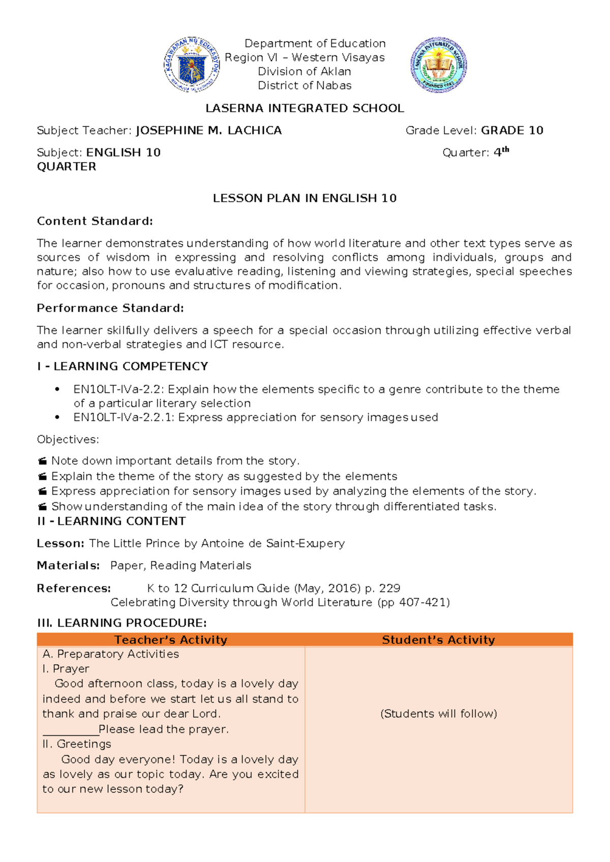 LP-The Little Prince by Antoine de Saint-Exupery 4TH Quarter ...